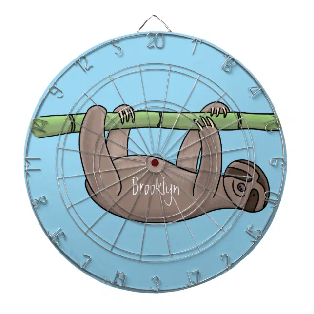Cute smiling sloth on bamboo cartoon illustration dart board | Zazzle