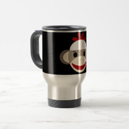 Cute Smiling Sock Monkey Face on Red Black Travel Mug | Zazzle