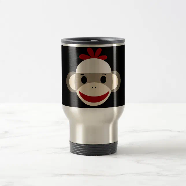 Cute Smiling Sock Monkey Face on Red Black Travel Mug | Zazzle