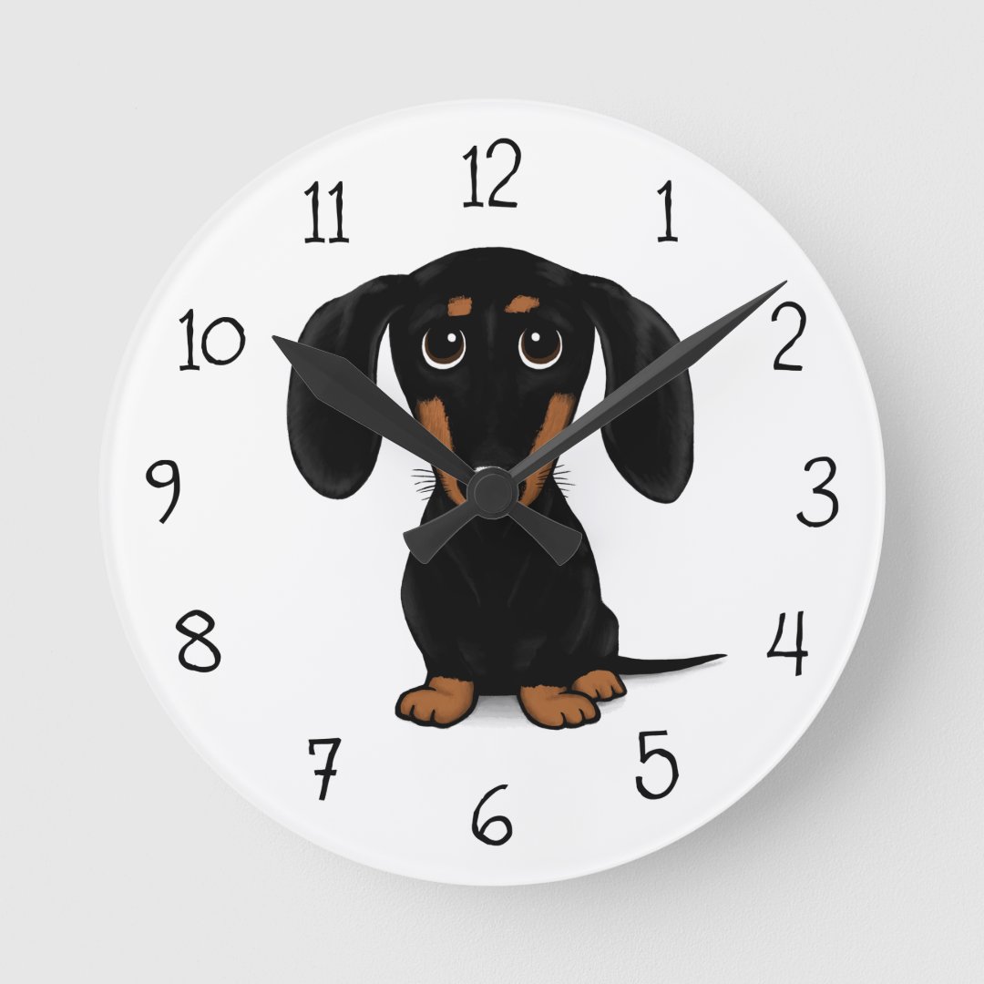 Cute Smooth Coated Black and Tan Dachshund Dog Round Clock | Zazzle