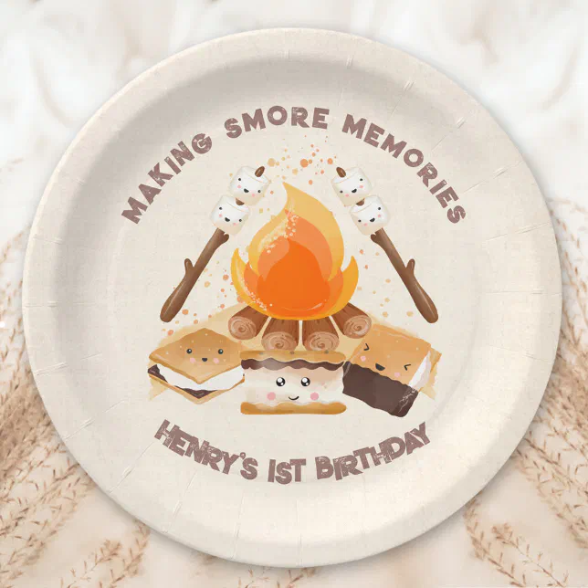Cute S'more Fun Campfire 1st Birthday Paper Plates | Zazzle
