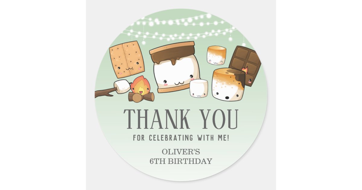 Cute S'mores Smore Birthday Thank You Favor Green Classic Round Sticker ...
