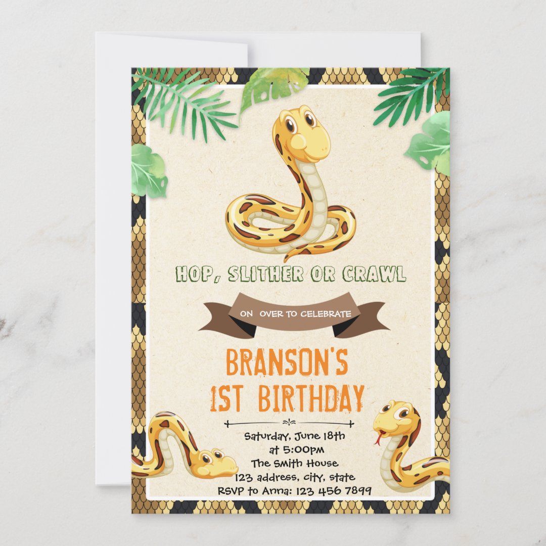 Cute snake reptile birthday party invitation | Zazzle