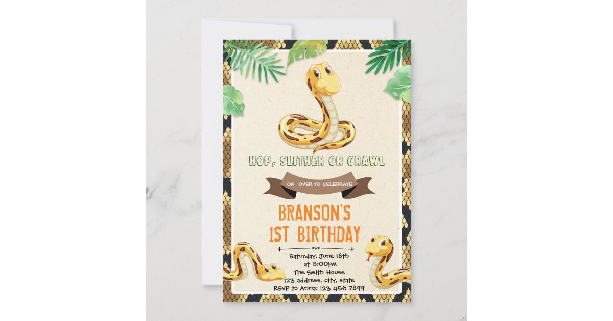 Cute snake reptile birthday party invitation | Zazzle