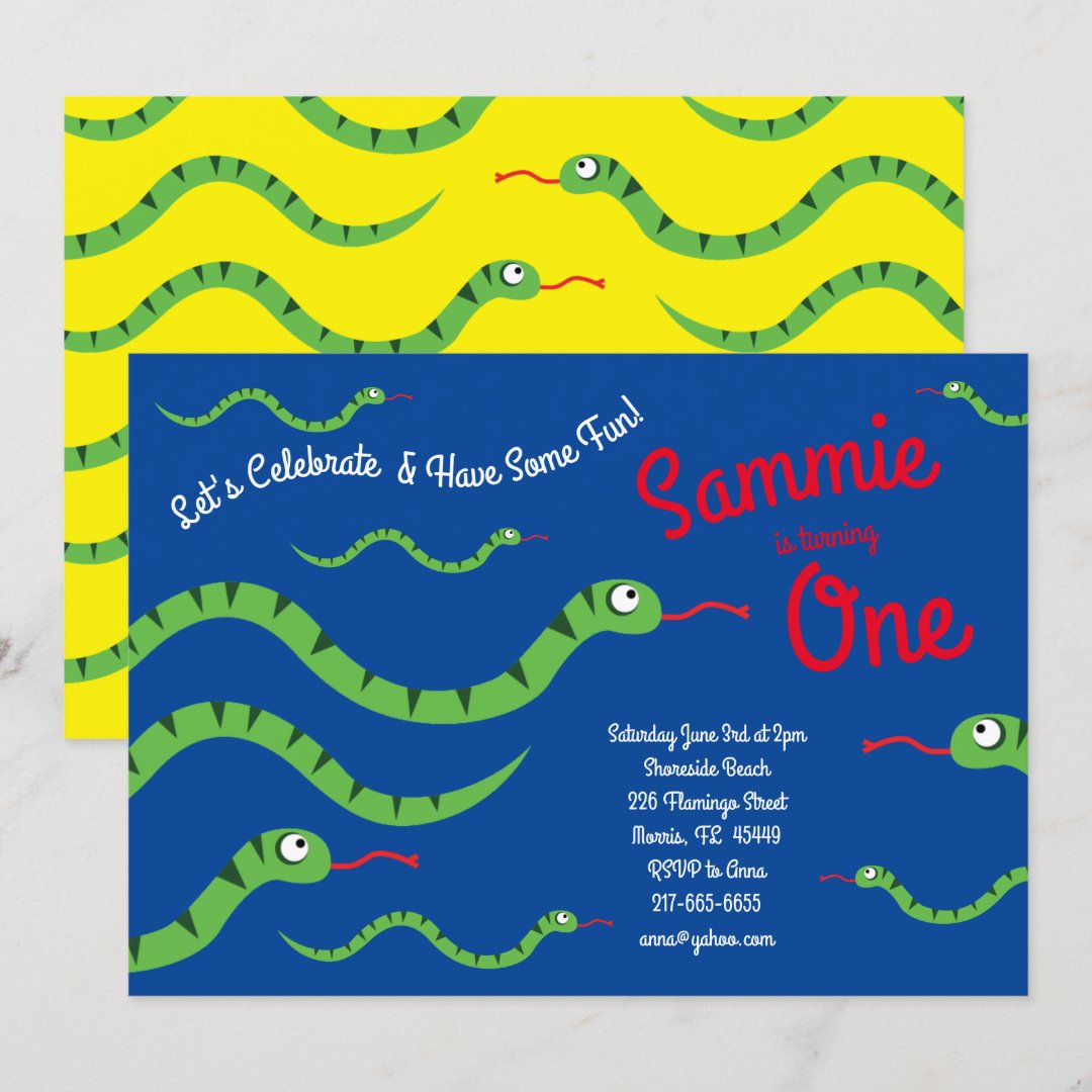 Cute Snake Reptiles Kid 1st Birthday Party Invitation | Zazzle