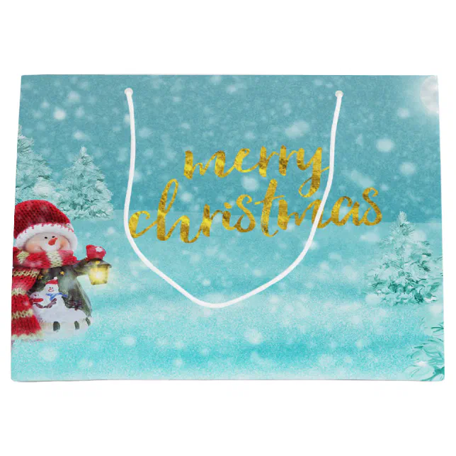 Cute Snowman,Christmas Hat, Pine Trees Holiday Large Gift Bag | Zazzle