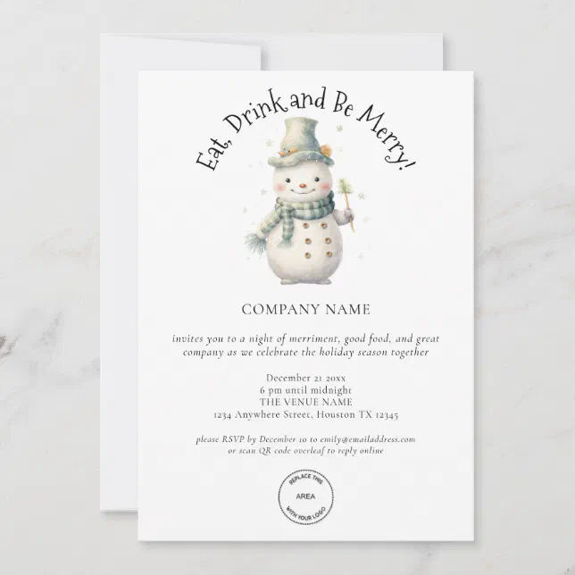 Cute Snowman Company Logo QR Code Christmas Party Invitation | Zazzle