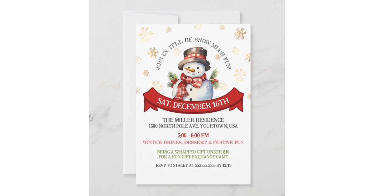 Cute Snowman Gold Snowflakes Christmas Party Invitation | Zazzle