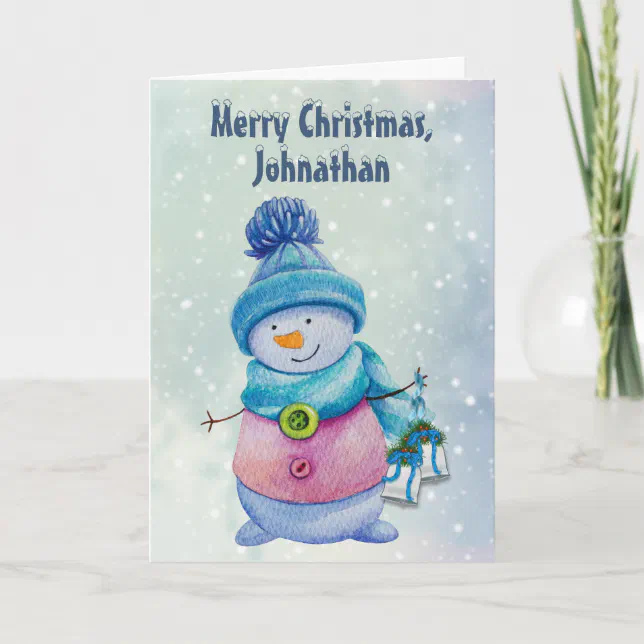 Cute Snowman Holding Christmas Bells, Snowy Holiday Card | Zazzle