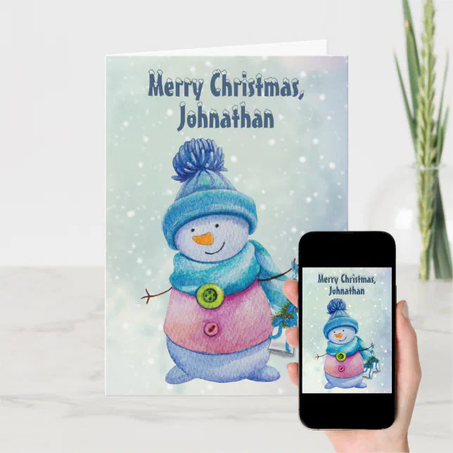 Cute Snowman Holding Christmas Bells, Snowy Holiday Card | Zazzle