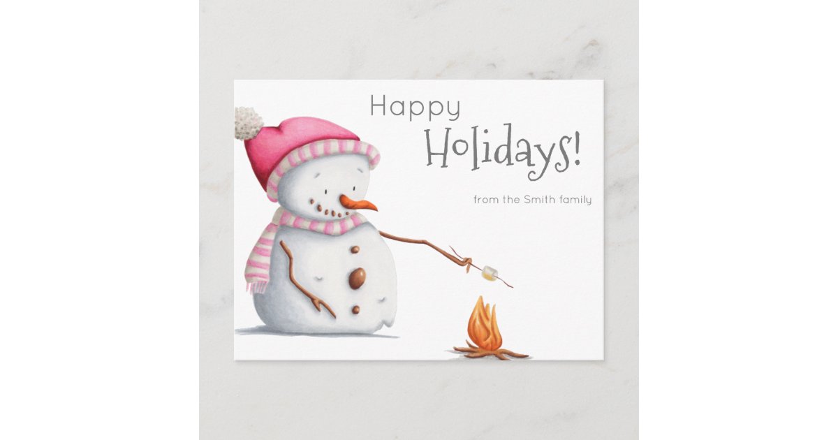Cute Snowman Roasting Marshmallows Family Holiday Postcard | Zazzle