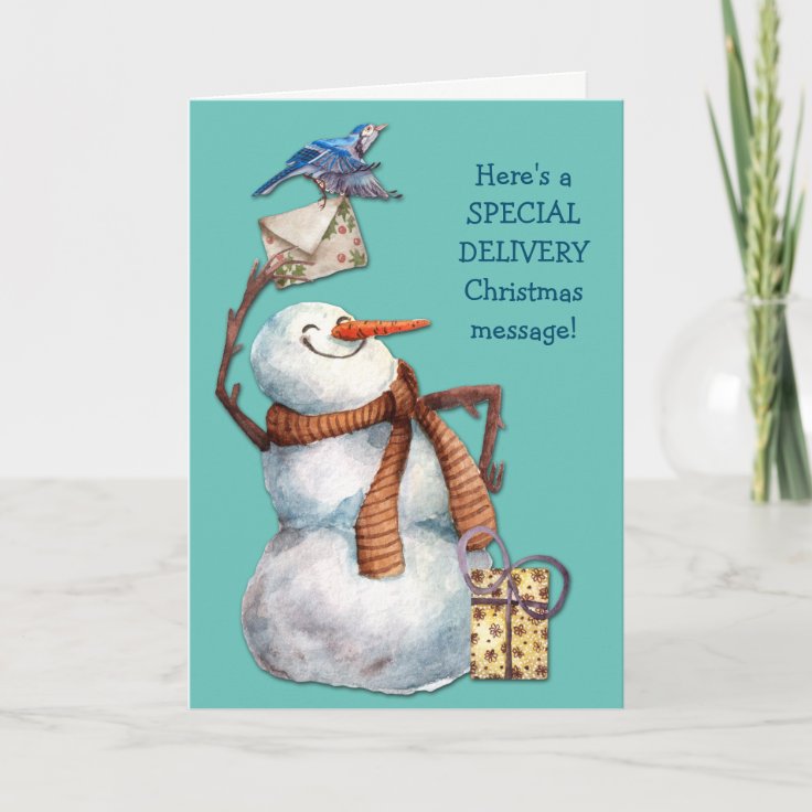Cute Snowman Special Delivery Christmas Message Holiday Card | Zazzle