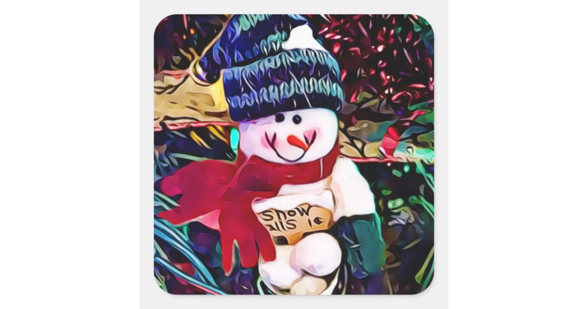 Cute Snowman with Bucket of Snowballs Christmas Square Sticker | Zazzle