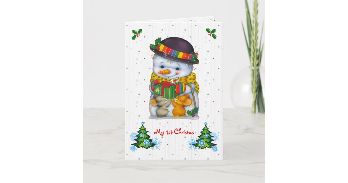 Cute snowman with two little mice Card | Zazzle