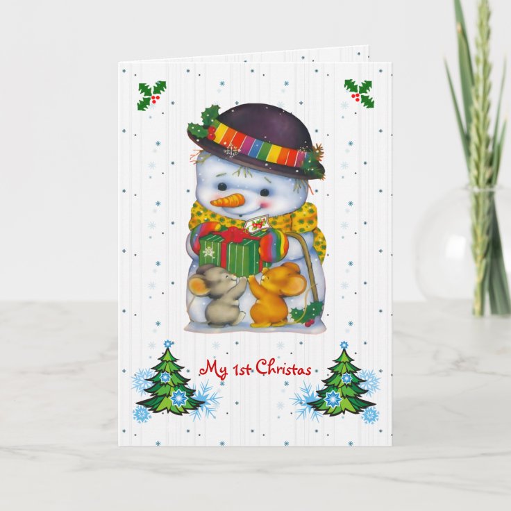 Cute snowman with two little mice Card | Zazzle