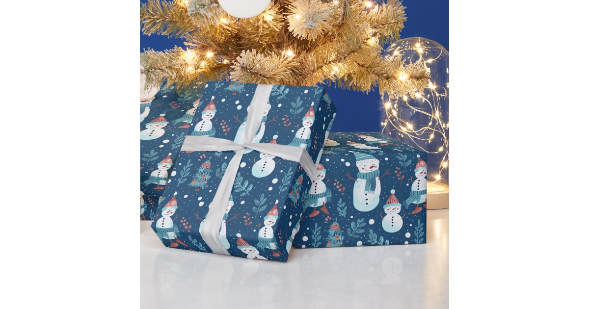 Cute Snowmen Greenery Snow Blue Christmas Wrapping Paper | Zazzle