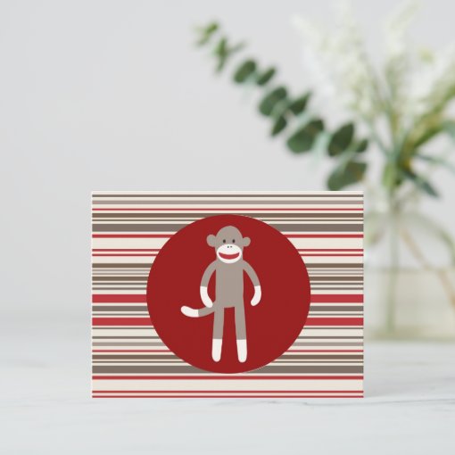 Cute Sock Monkey on Red Circle Red Brown Stripes Postcard | Zazzle