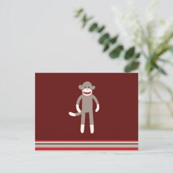Cute Sock Monkey on Red with Stripes Postcard | Zazzle