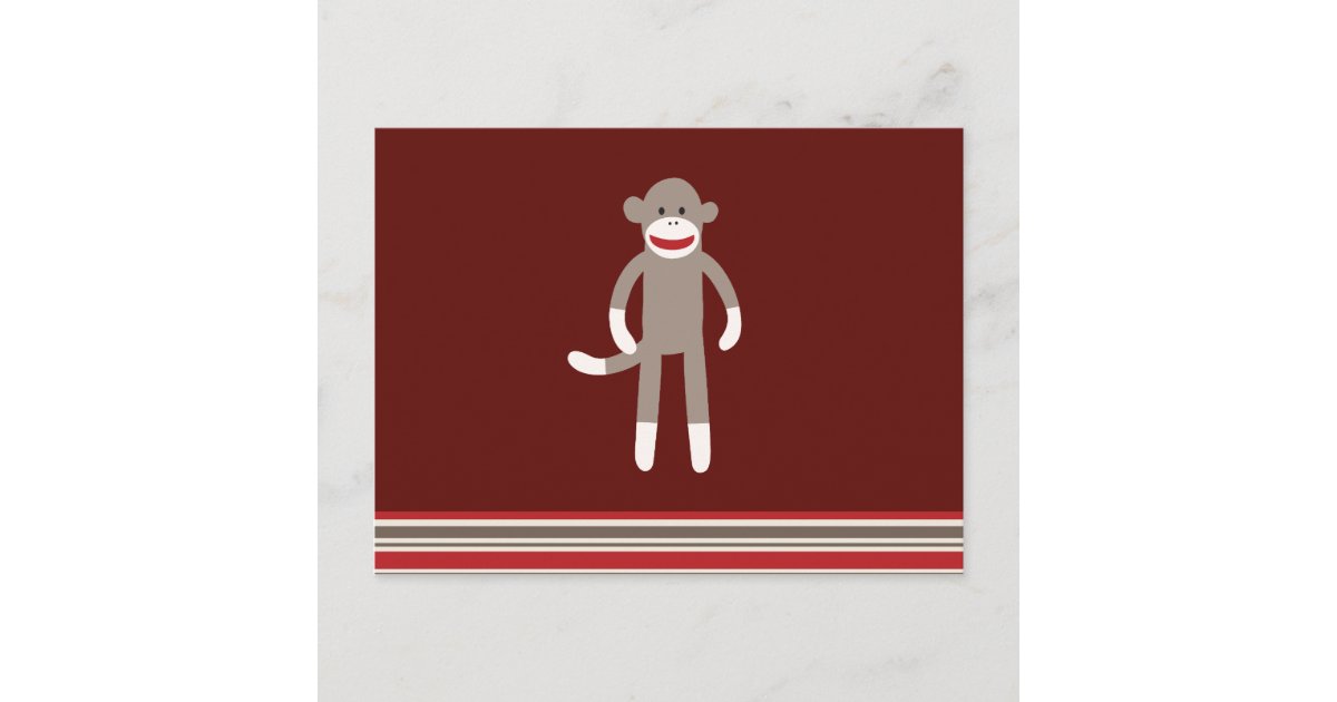 Cute Sock Monkey on Red with Stripes Postcard | Zazzle