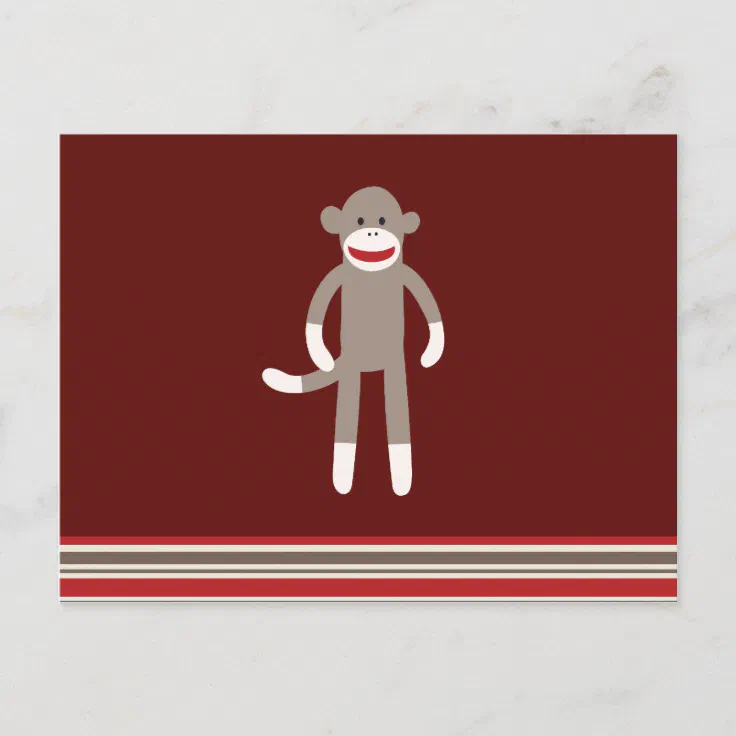 Cute Sock Monkey on Red with Stripes Postcard | Zazzle