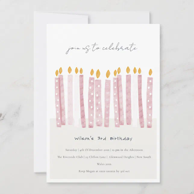 Cute Soft Pastel Pink Watercolor Birthday Candles Invitation | Zazzle