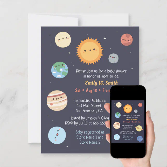 Cute Solar System Sun Planets Space Baby Shower Invitation | Zazzle