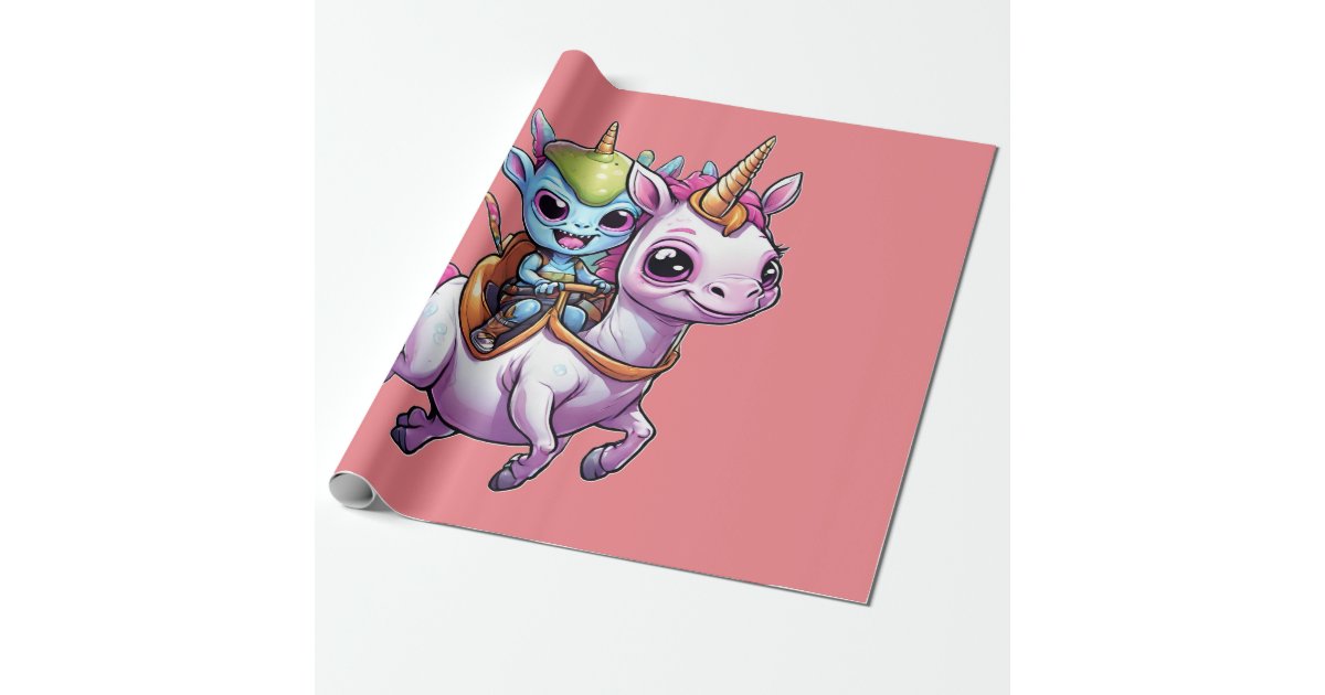 Cute Space Alien riding unicorn funny UFO Wrapping Paper | Zazzle