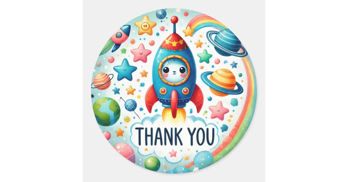Cute Space Rocket Thank You Classic Round Sticker | Zazzle