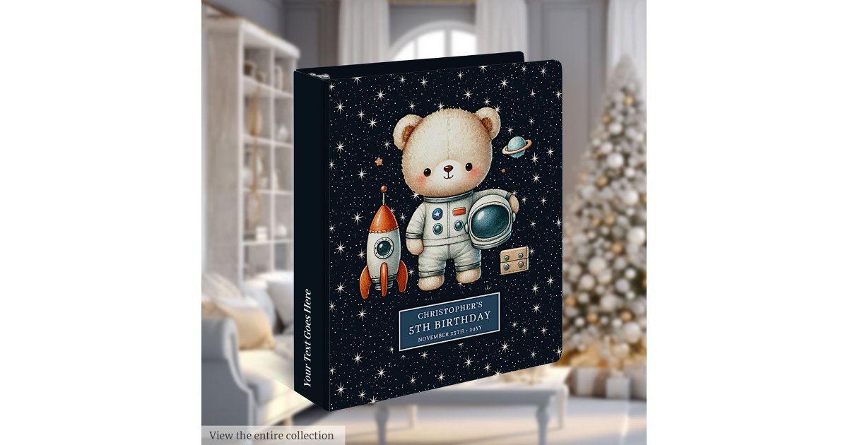 Cute Space Teddy Bear Baby Boy Personalized Name 3 Ring Binder | Zazzle