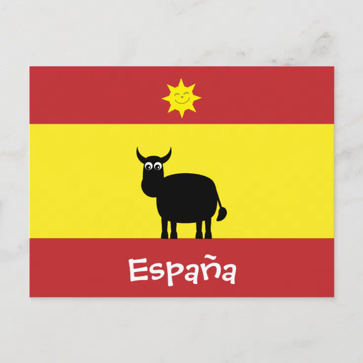 Cute Spanish Bull, Flag & Smiling Sun Postcard | Zazzle