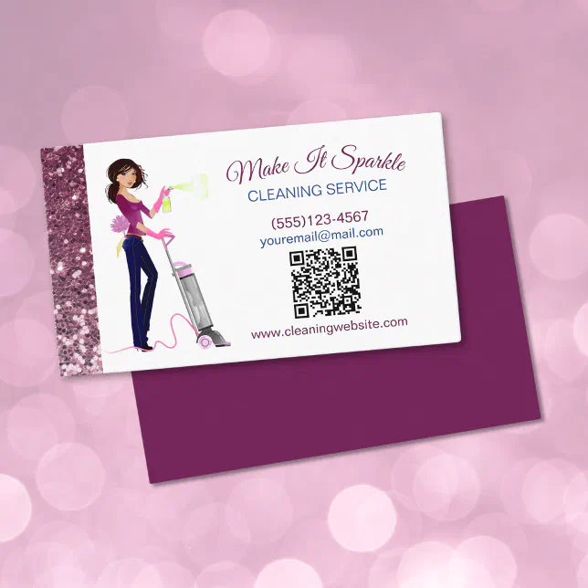 Cute Sparkle Maid Cleaning Service QR Code Business Card | Zazzle