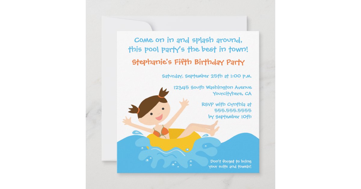 Cute splash girl's pool party birthday invitation | Zazzle