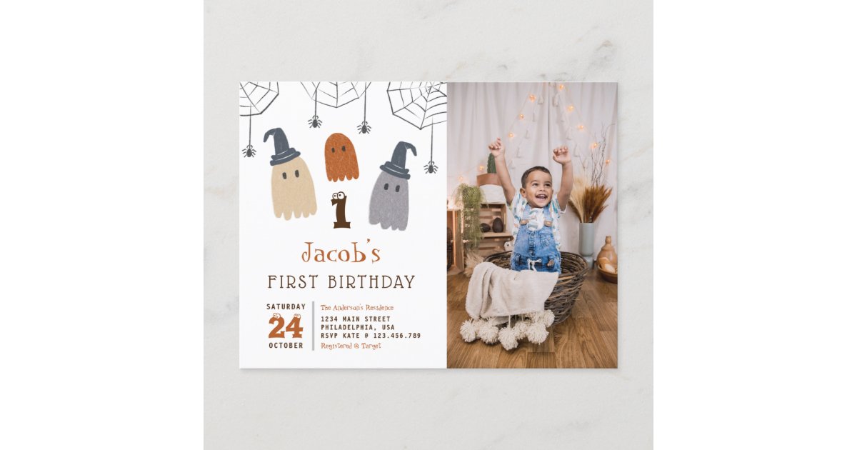 Cute Spooky Ghosts Spiders First Birthday Photo Invitation Postcard ...