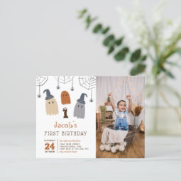 Cute Spooky Ghosts Spiders First Birthday Photo Invitation Postcard ...