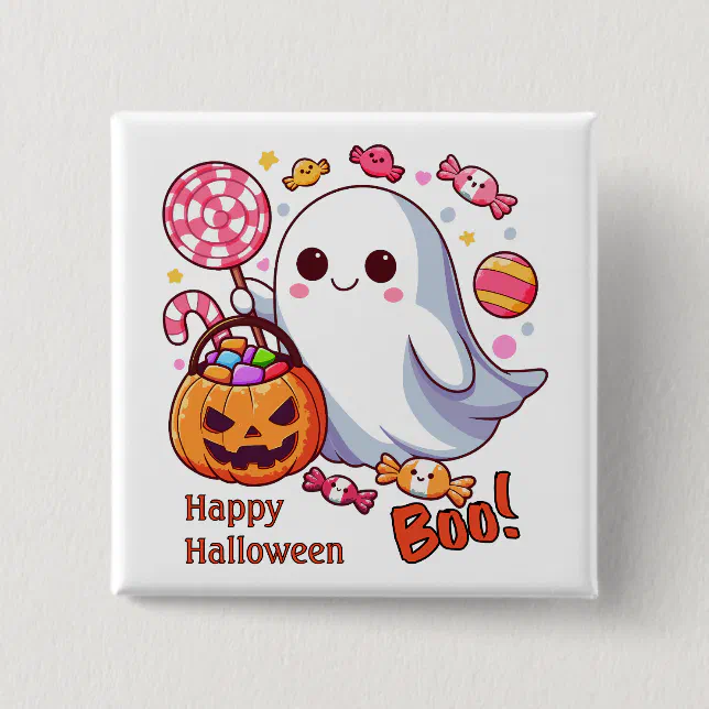 Cute Spooky Halloween Ghost, Pumpkins, and Candy Button | Zazzle