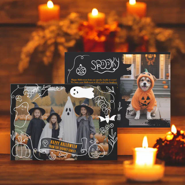 Cute Spooky Happy Halloween illustrations 2 photos Holiday Card | Zazzle