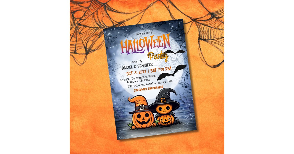 Cute Spooky Pumpkin Witch Hat moon Halloween Party Invitation | Zazzle