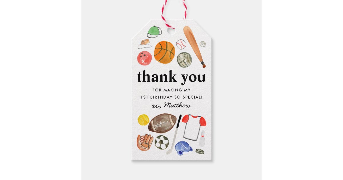Cute Sports Balls Kids Boy Birthday Thank You Gift Tags | Zazzle