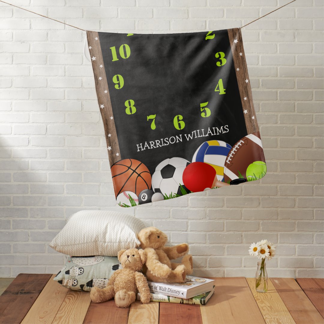 Cute Sports Themed Month Milestone Baby Blanket | Zazzle