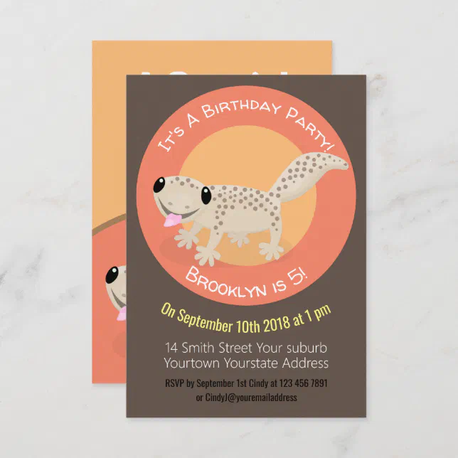 Cute spotted tan gecko cartoon illustration invita invitation | Zazzle