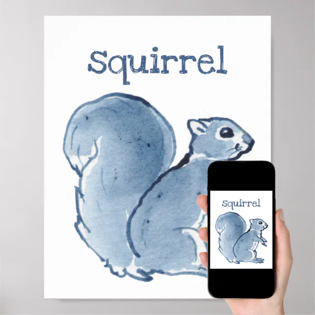 Cute Squirrel Blue Watercolor Animal Nature Art Poster | Zazzle