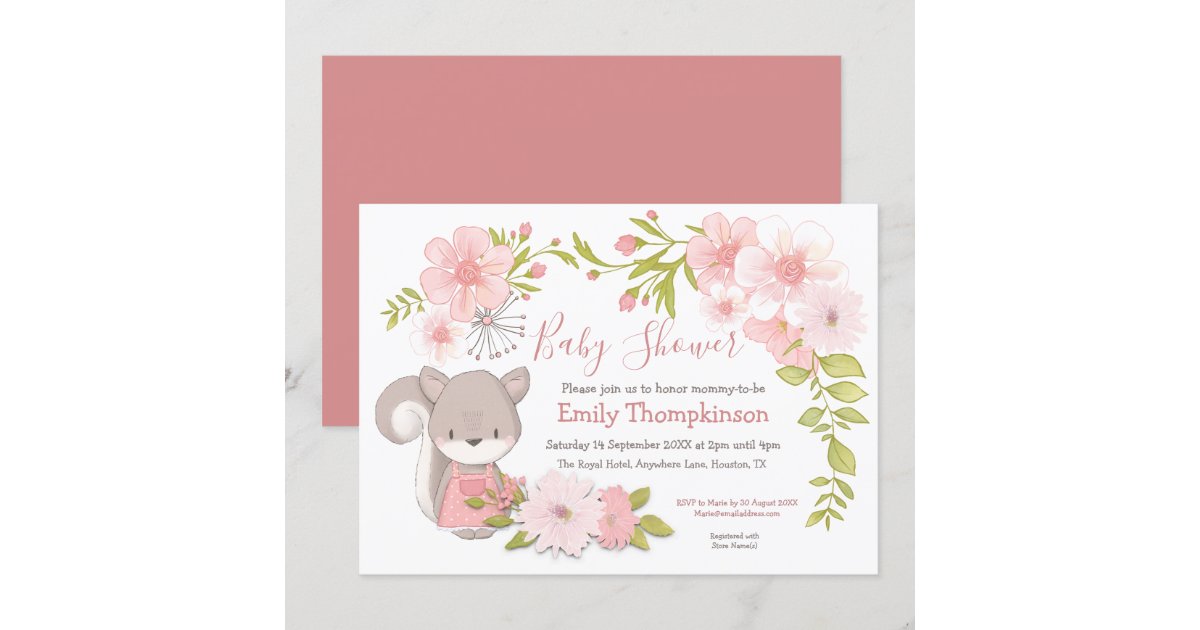 Cute Squirrel Flowers Leaves Frame Baby Shower Invitation | Zazzle