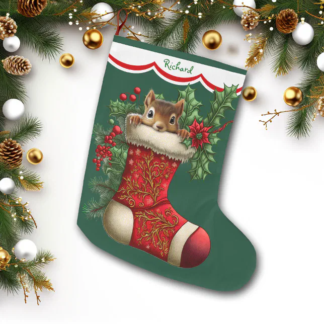Cute Squirrel Peeking Large Christmas Stocking | Zazzle