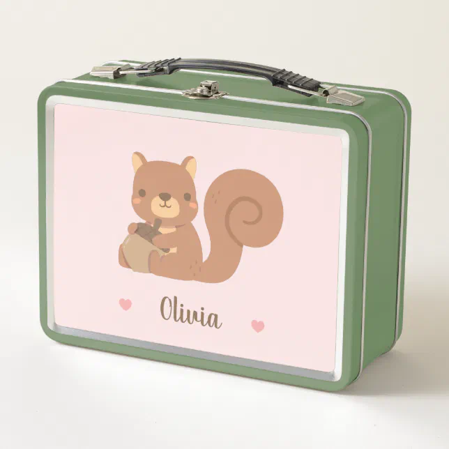 Cute Squirrel With Acorn Girls Personalized Metal Lunch Box | Zazzle