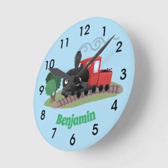 Cute steam train locomotive cartoon illustration round clock | Zazzle