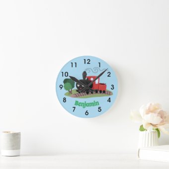 Cute steam train locomotive cartoon illustration round clock | Zazzle