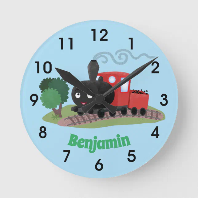 Cute steam train locomotive cartoon illustration round clock | Zazzle