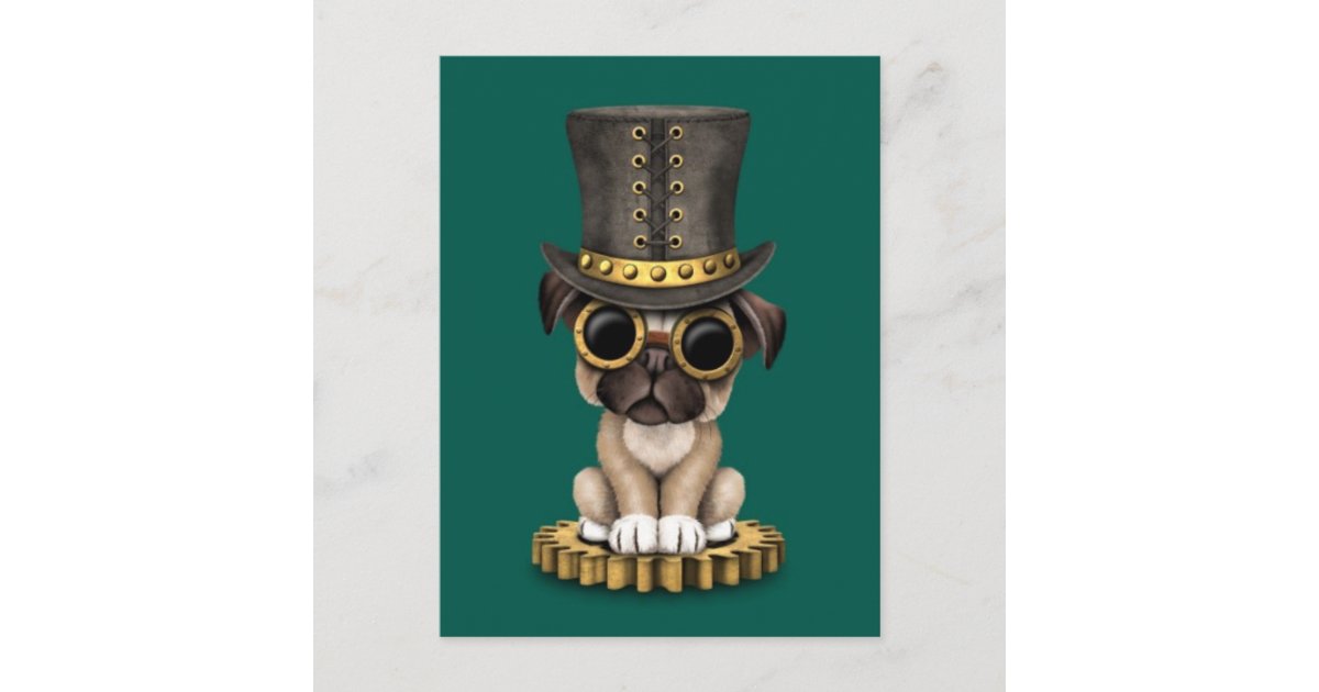 Cute Steampunk Pug Puppy Dog, teal Postcard | Zazzle