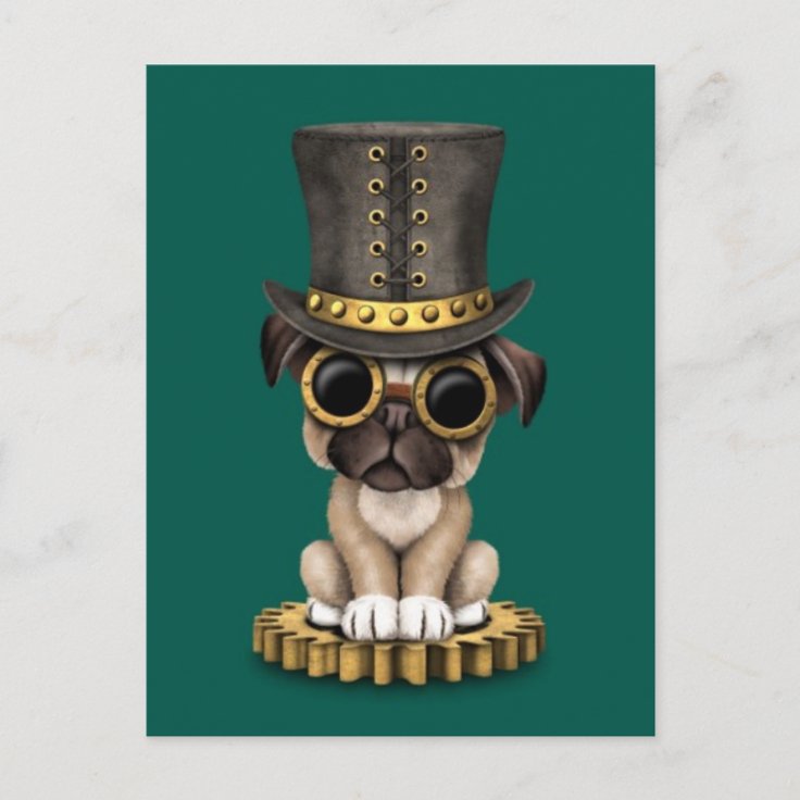 Cute Steampunk Pug Puppy Dog, teal Postcard | Zazzle