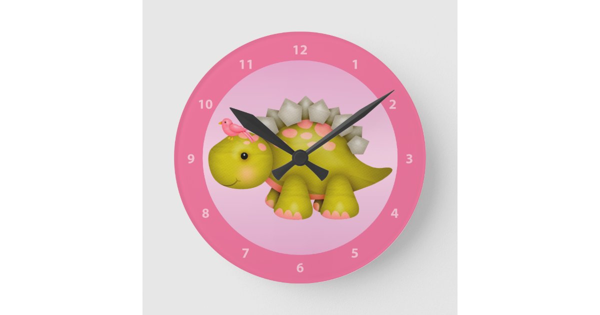 Cute Stegosaurus Dinosaur & Bird Pink Clock | Zazzle
